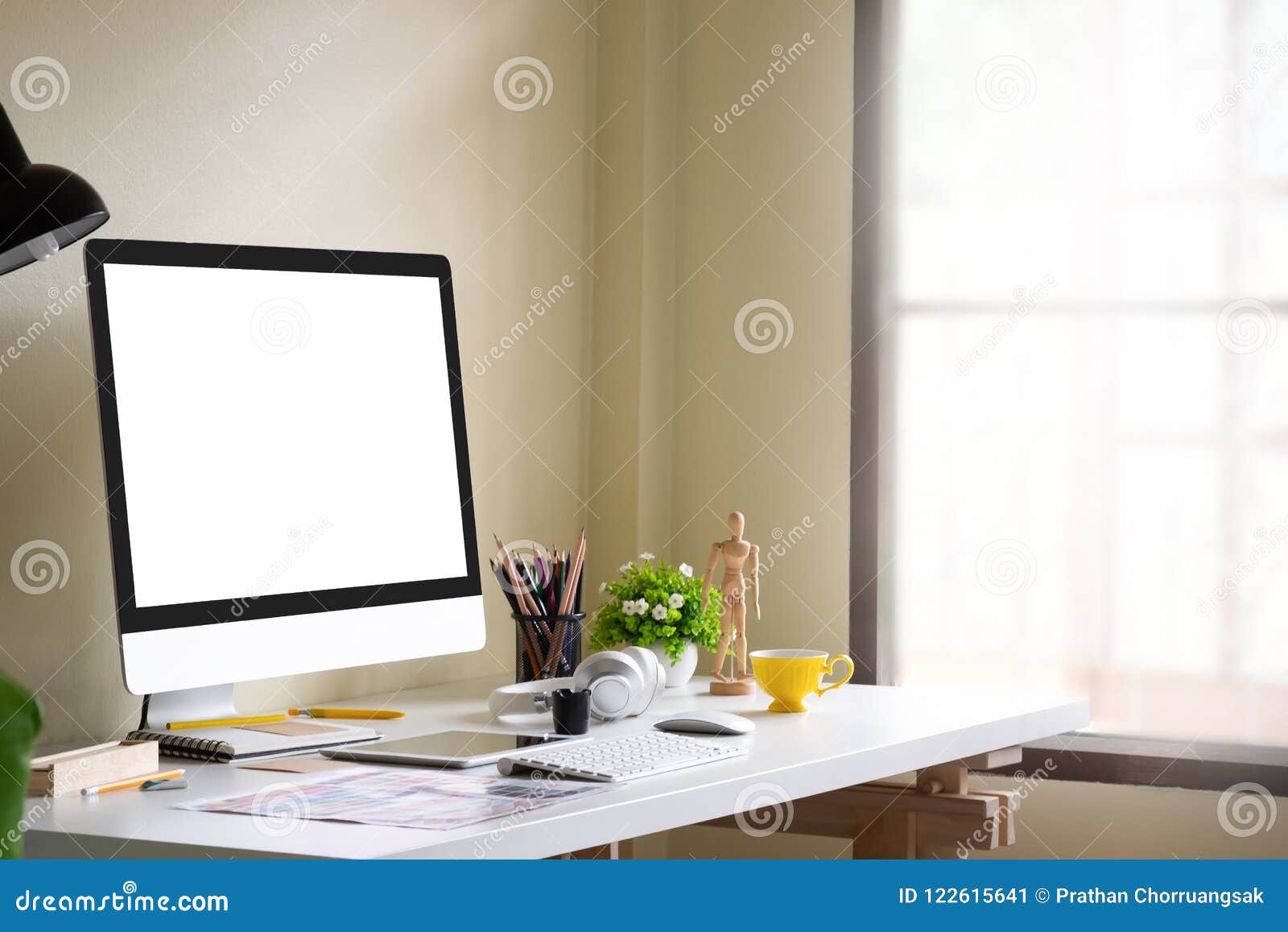Side View Mockup Computer on Office Workplace. Stock Image - Image of ...
