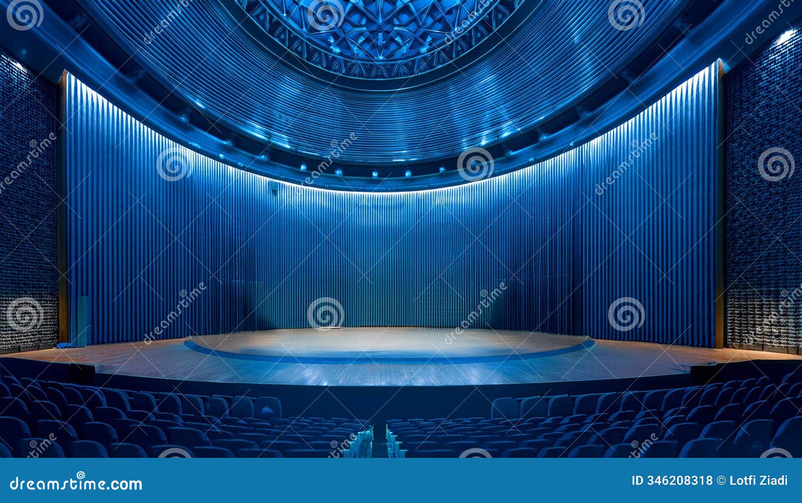 Side View of Modern Blue Theater Stage Design. Performance and Act ...