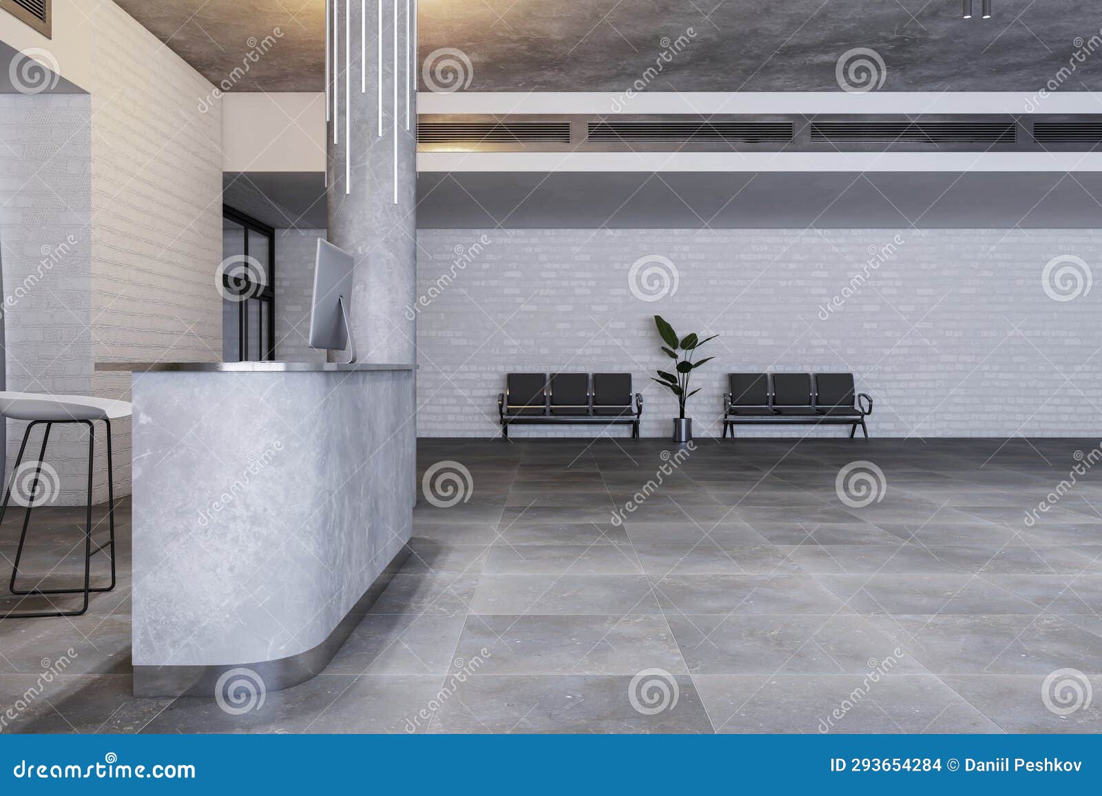 Side View of Modern Brick Office Interior with Reception Desk, Columns ...