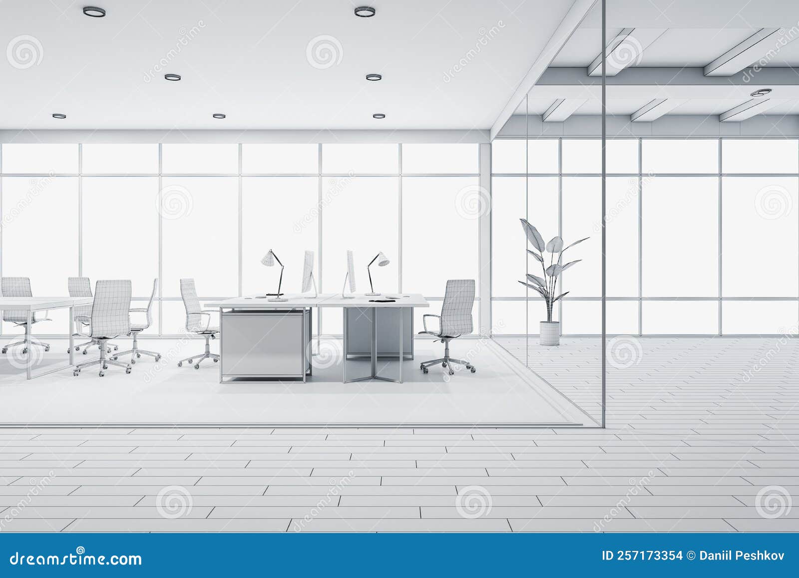 Side View on Modern Design Project of Open Space Office Interior with ...