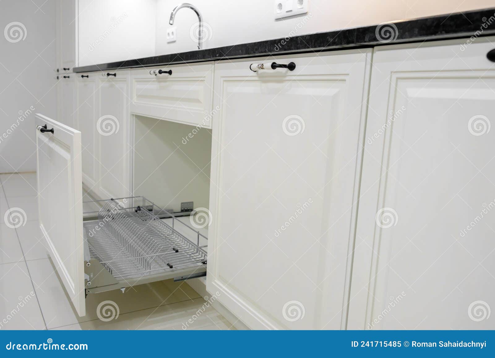 Side View Modern and Elegant Kitchen with White Drawers, Open Kitchen ...