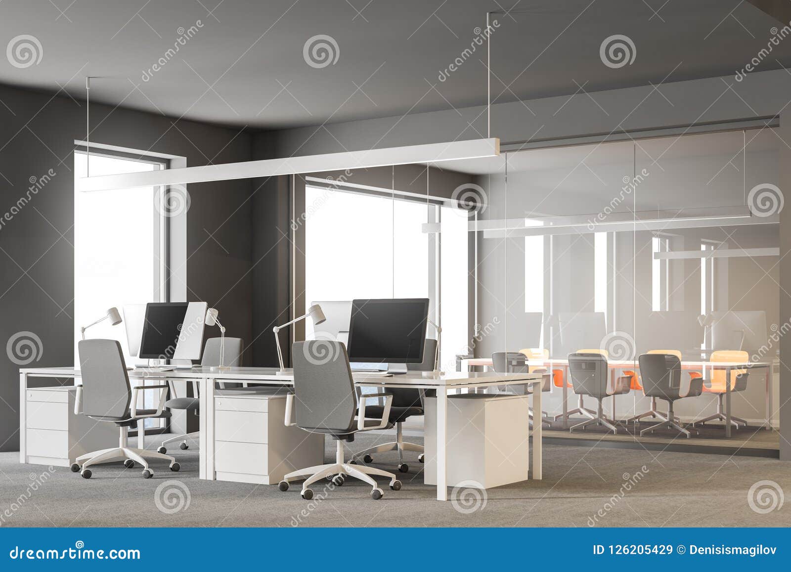 Modern Office Interior with Boardroom, Side View Stock Illustration ...