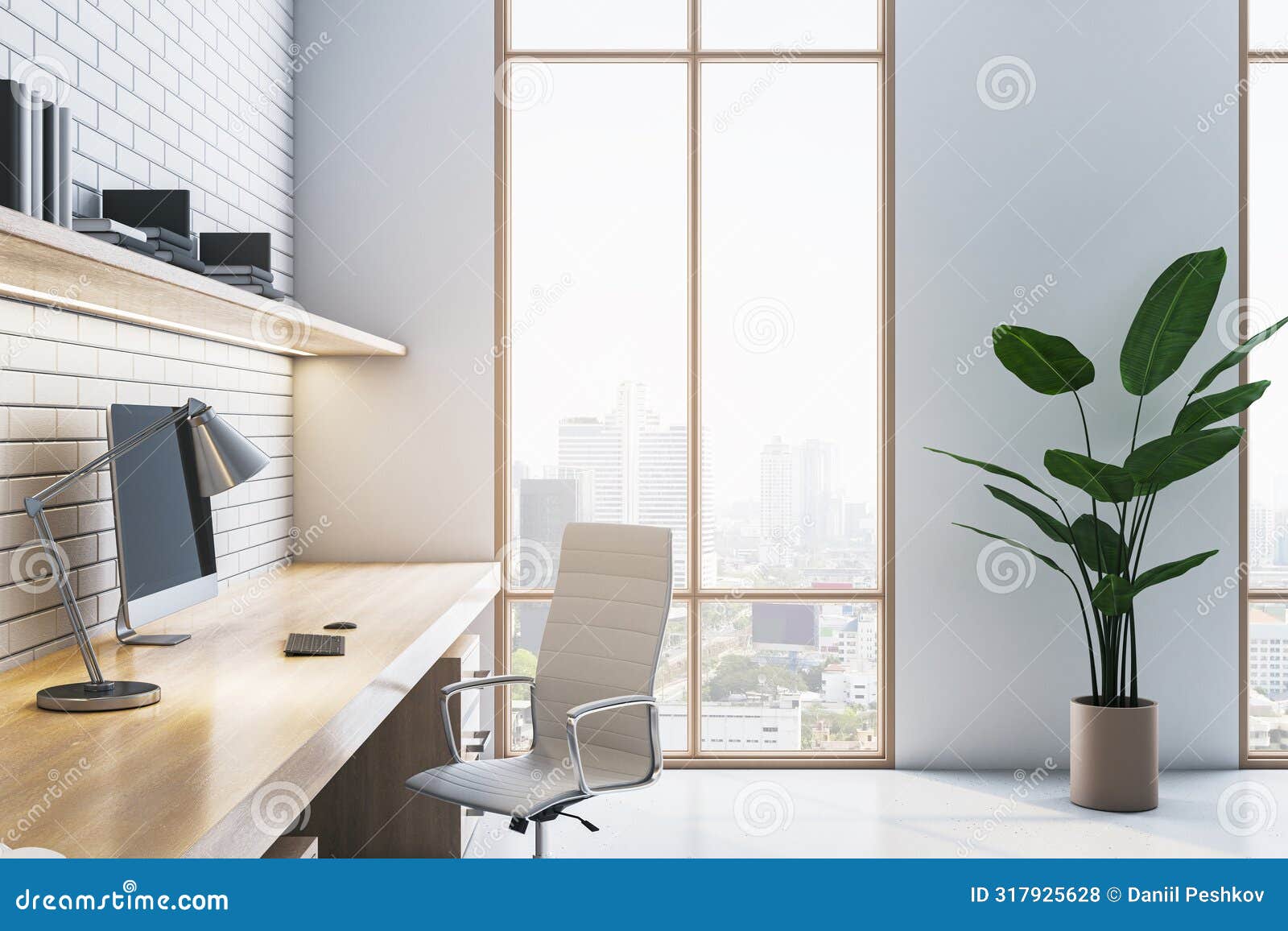 Side View of Home Office Interior with Workplace, Window with City View ...
