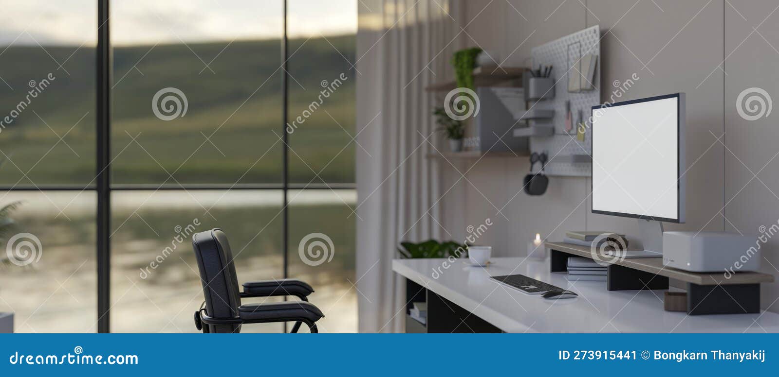 Side View, Modern Home Office Workspace Interior Design with Large ...