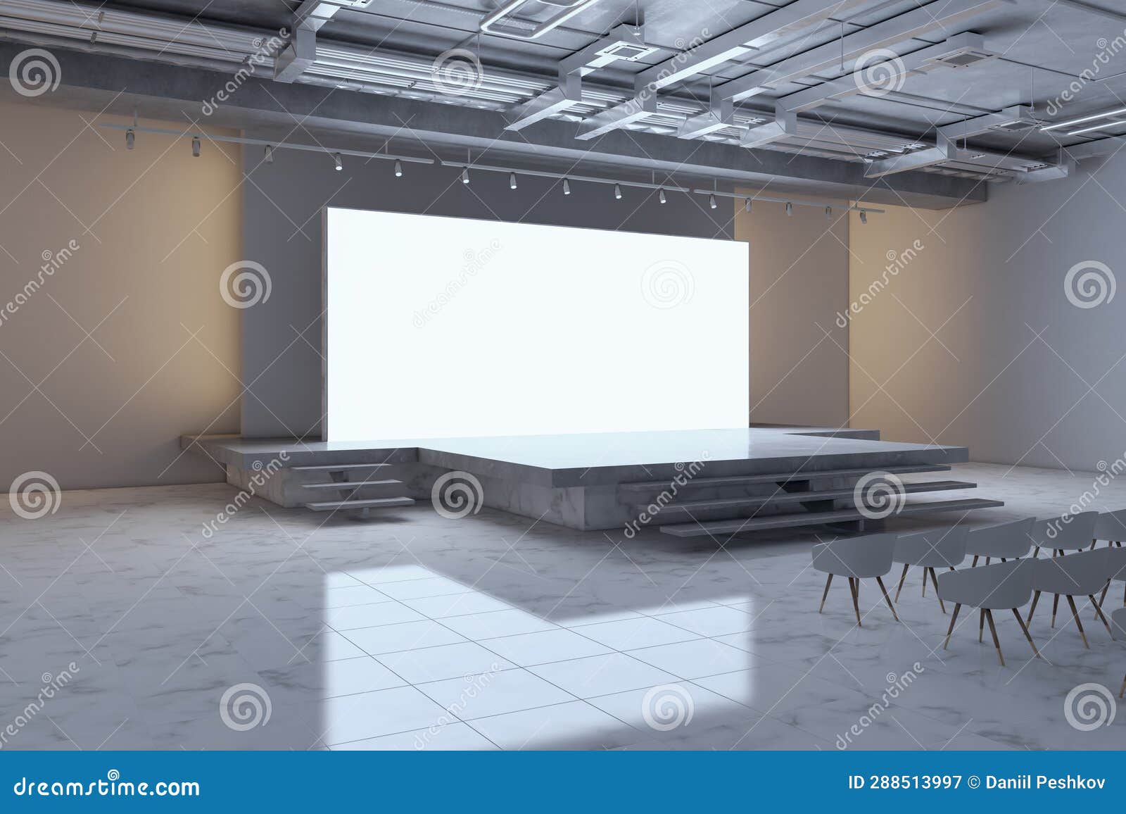 Side View of Modern Luxury Auditorium with Stage and Blank White Mock ...