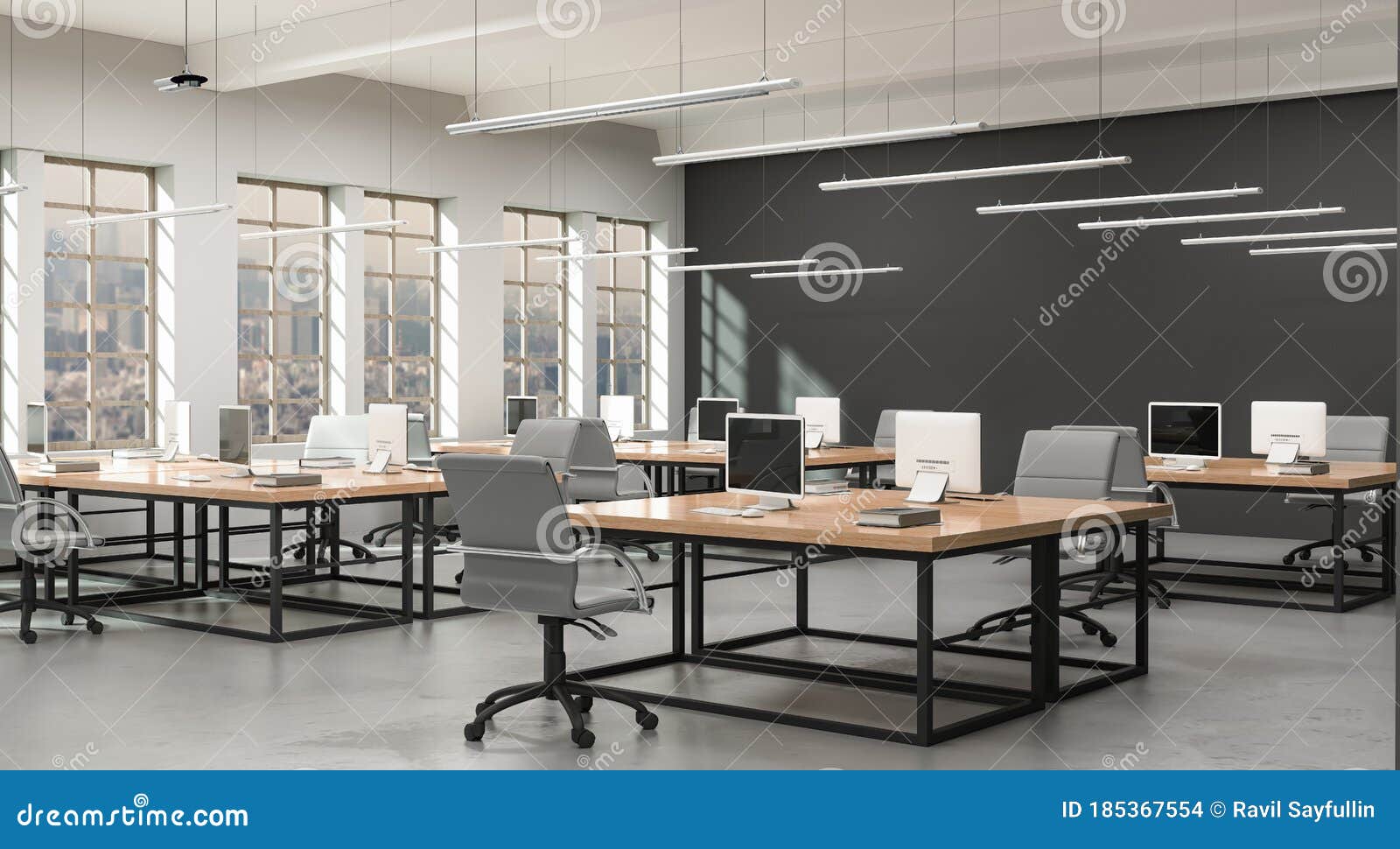 Side View of a Modern Office with a Grey Wall. Rows of Tables, Equipped ...