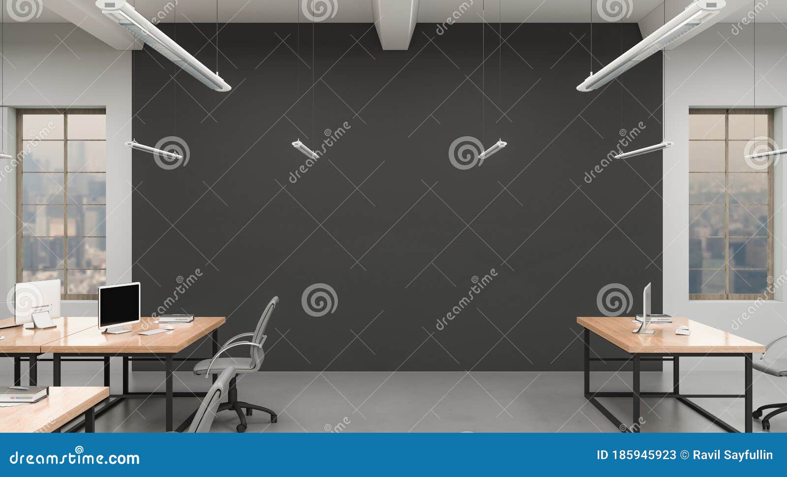 Side View of a Modern Office with a Grey Wall. Rows of Tables, Equipped ...