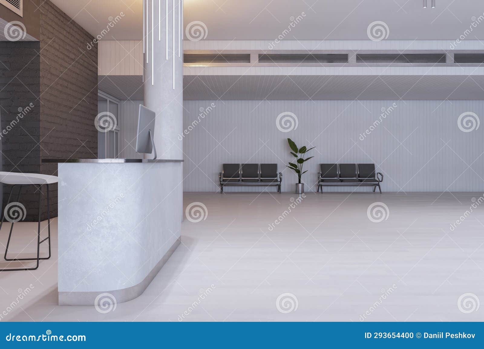 Side View Of Office Interior With Reception Desk, Columns, Curtain And ...
