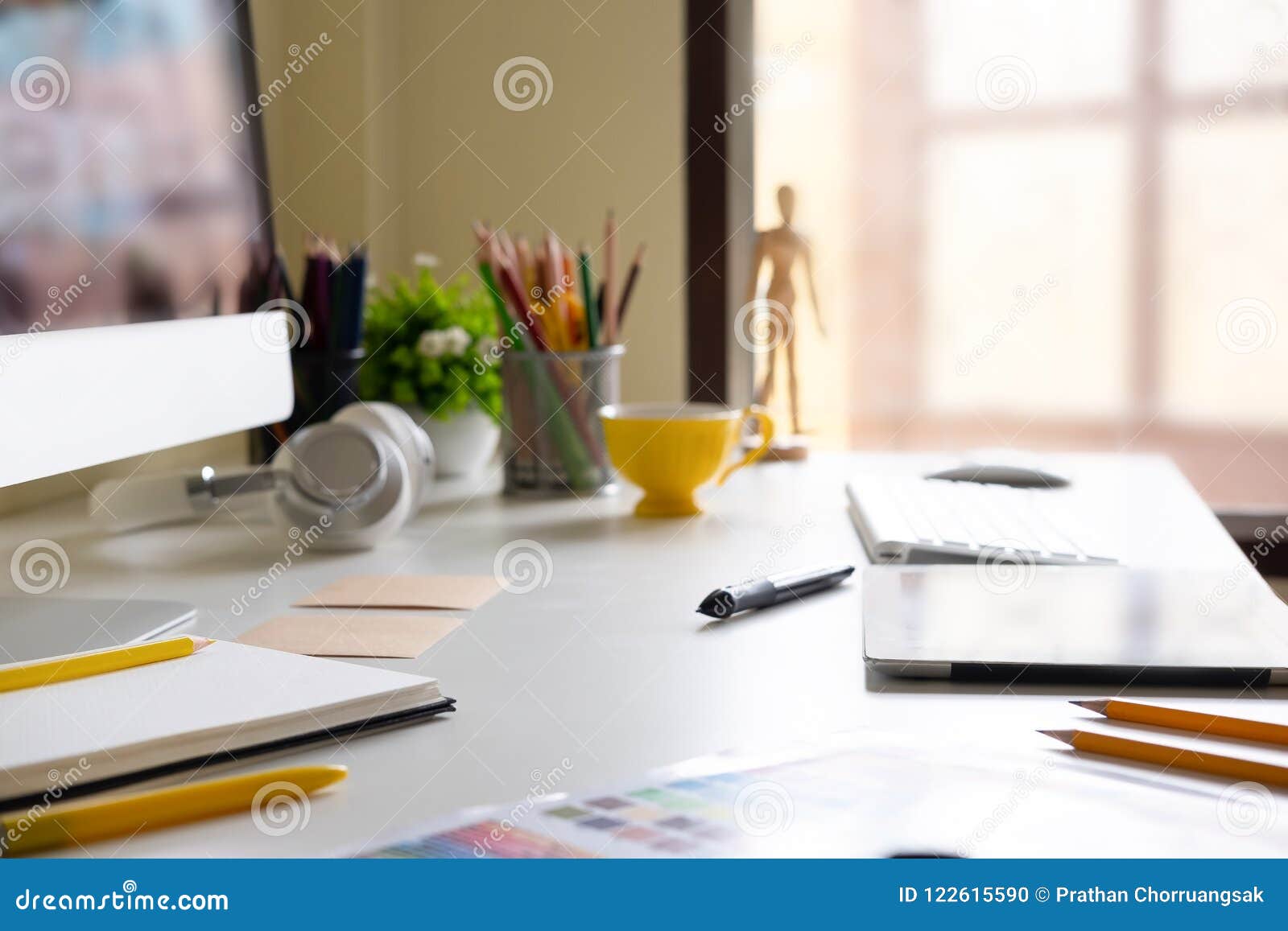 Side View Modern Office Workplace with Digital Tablet, Notepad, Stock ...