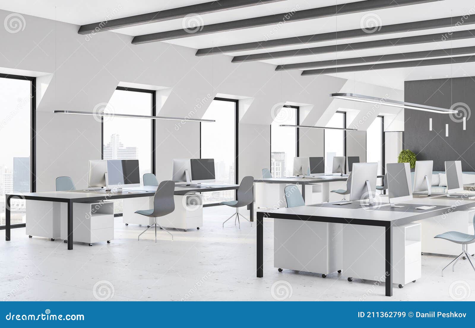 Side View on Modern Open Space Office with Comfortable Workplaces ...