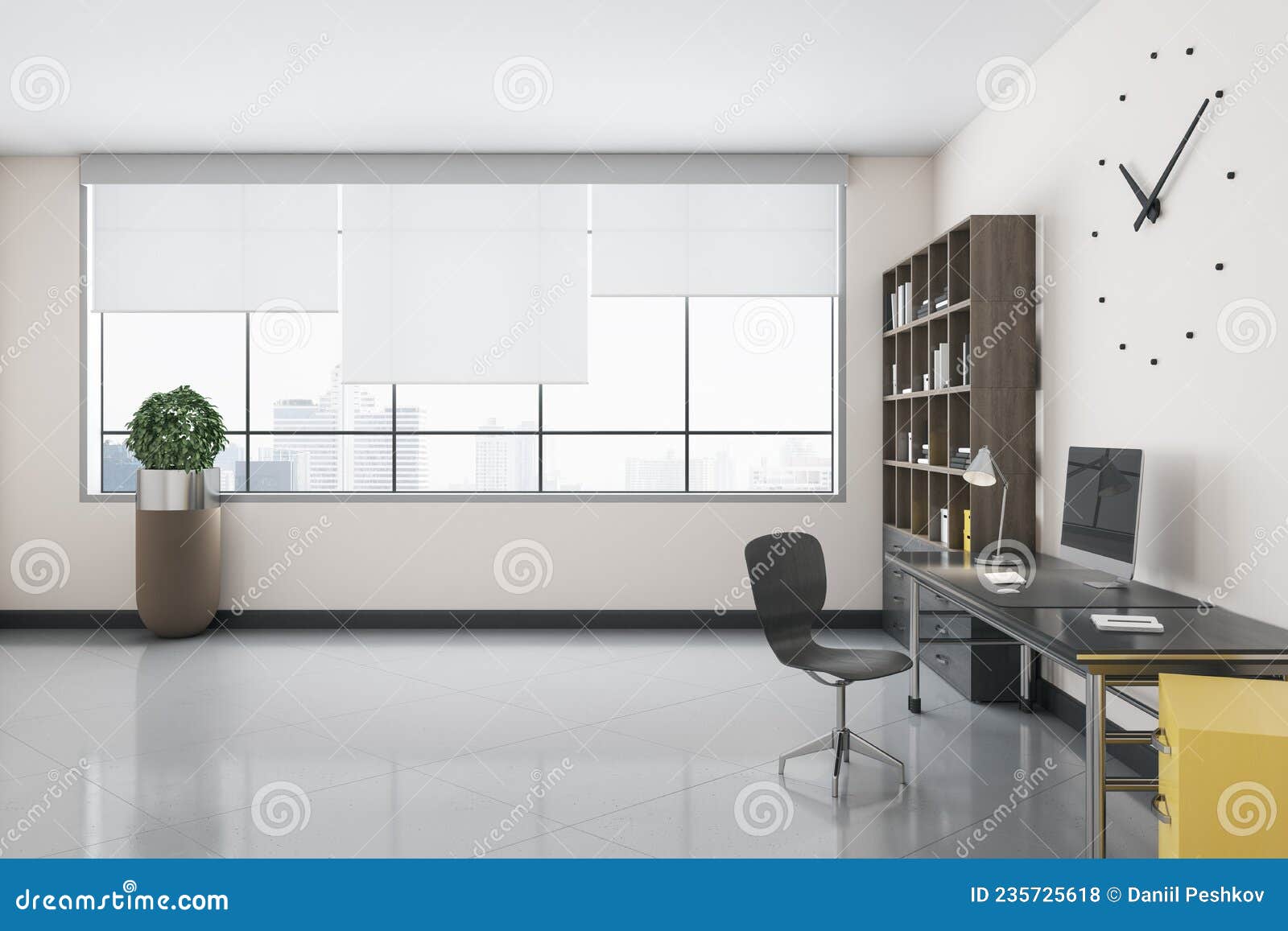 Side View of Modern White Office Interior with Bookcase, Window with ...
