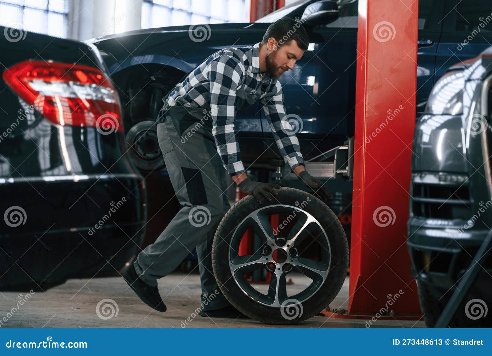 Side View. Moving the Tire for the Car Stock Image - Image of wear ...