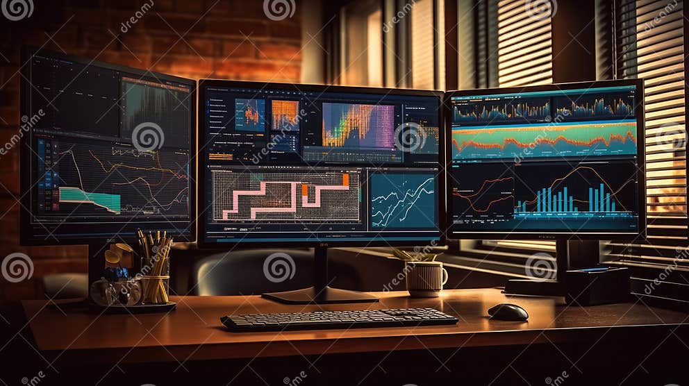 The Side View of a Multi Computer Screen Displaying Multiple Financial ...