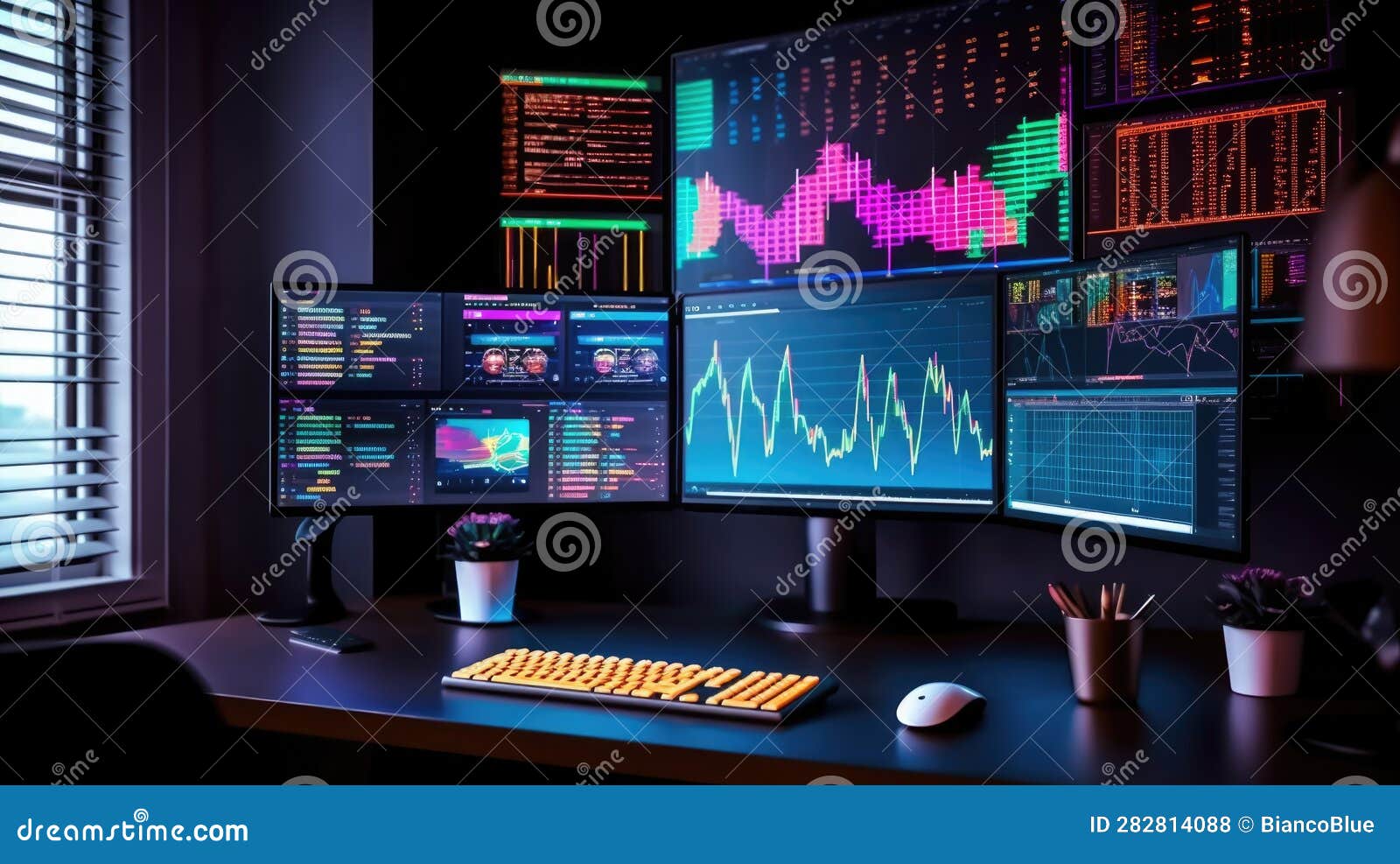 The Side View of a Multi Computer Screen Displaying Multiple Financial ...