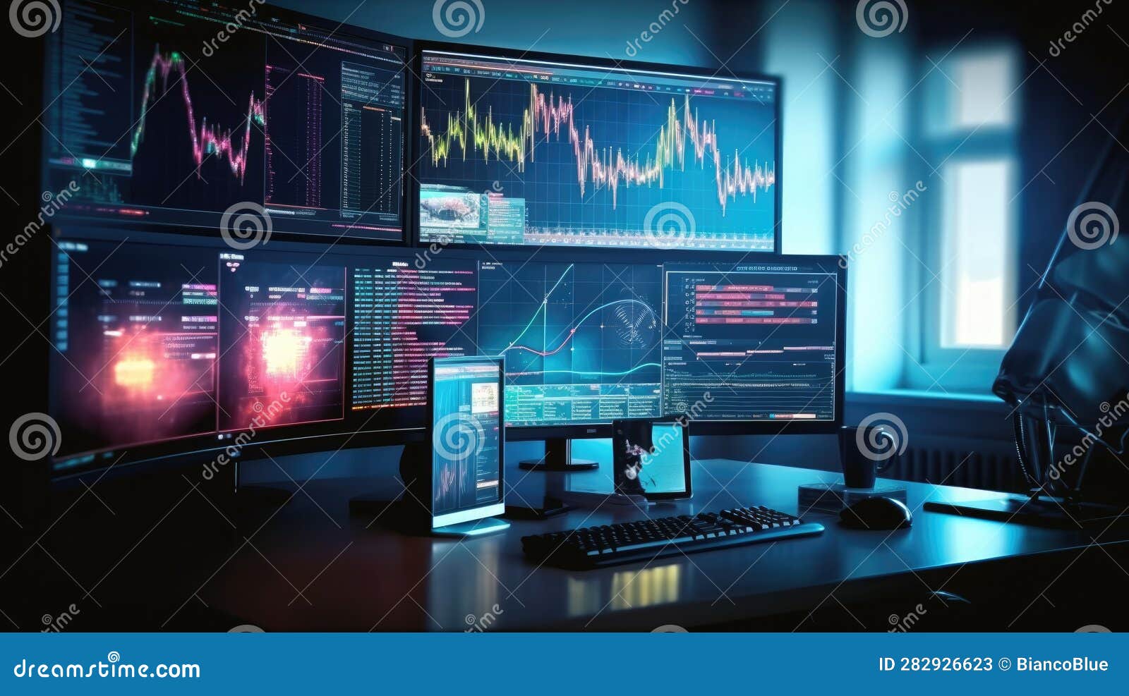 The Side View of a Multi Computer Screen Displaying Multiple Financial ...