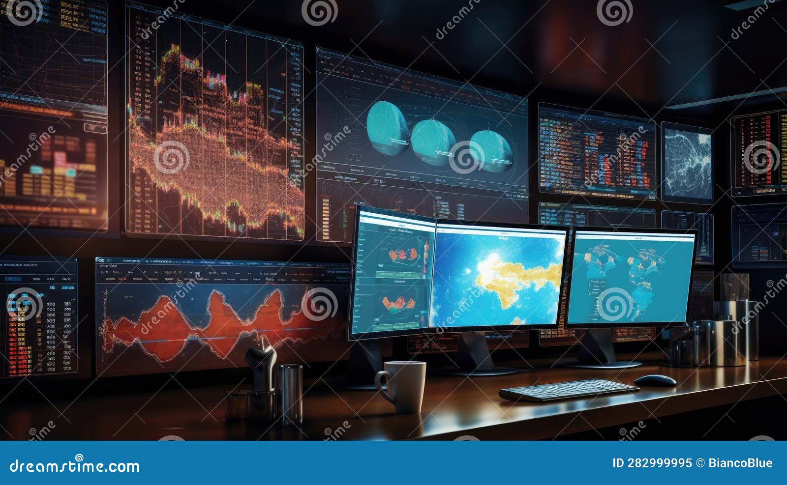The Side View of a Multi Computer Screen Displaying Multiple Financial ...