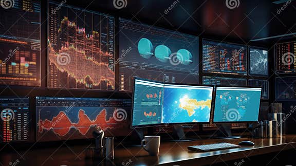 The Side View of a Multi Computer Screen Displaying Multiple Financial ...
