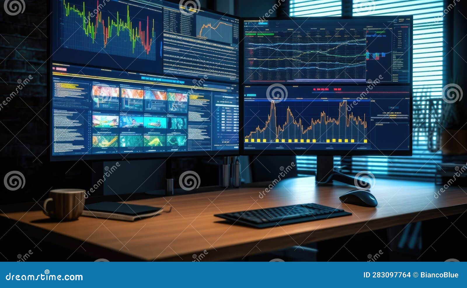 The Side View of a Multi Computer Screen Displaying Multiple Financial ...