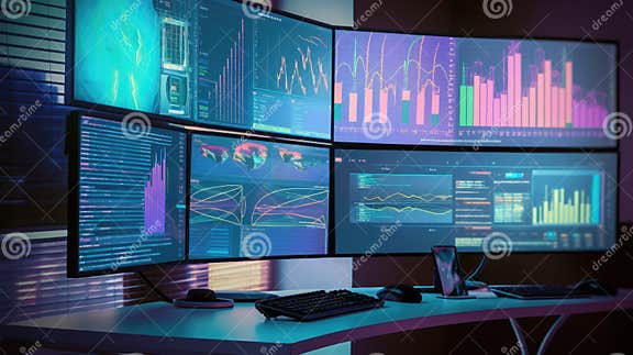 The Side View of a Multi Computer Screen Displaying Multiple Financial ...