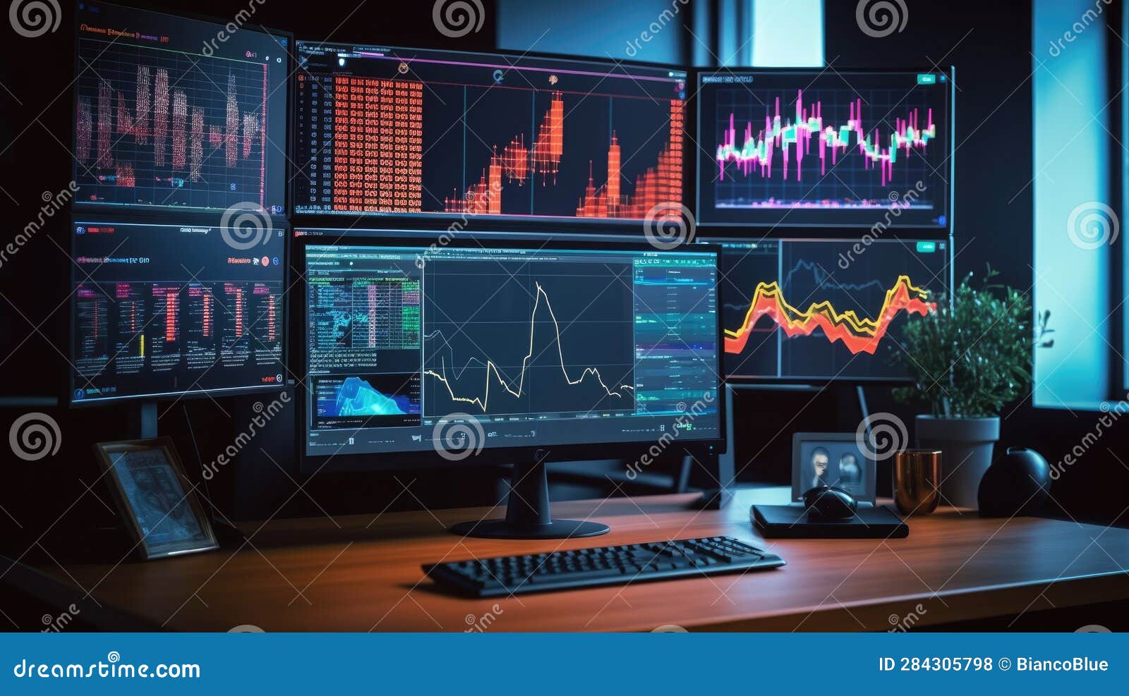 The Side View of a Multi Computer Screen Displaying Multiple Financial ...