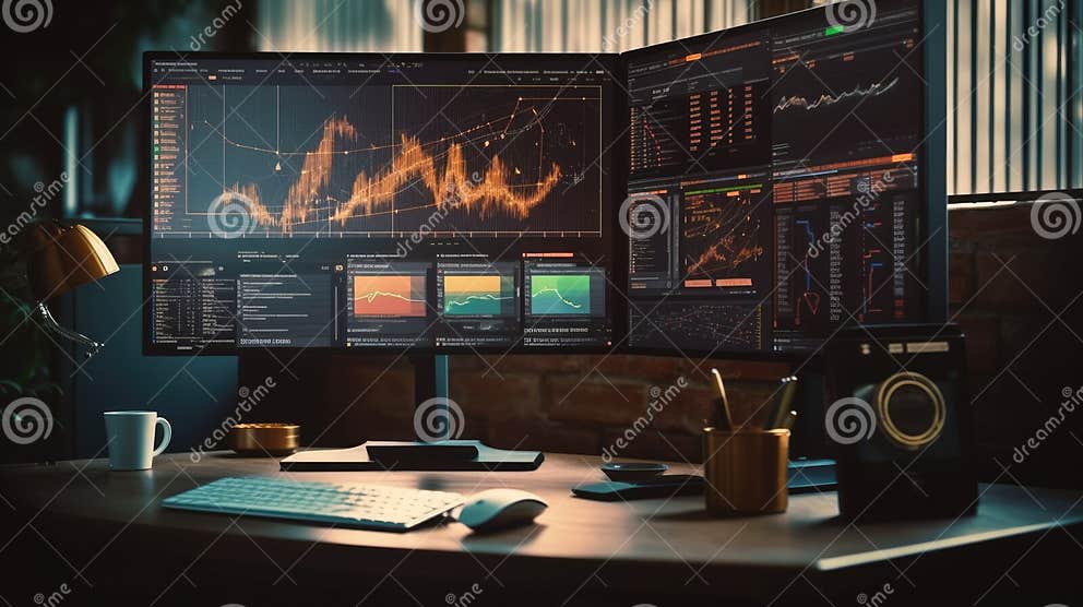 The Side View of a Multi Computer Screen Displaying Multiple Financial ...