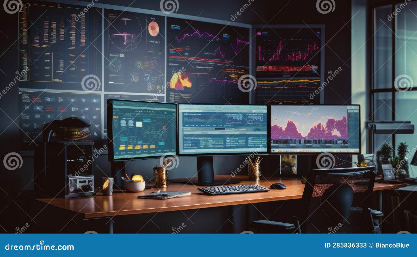 The Side View of a Multi Computer Screen Displaying Multiple Financial ...