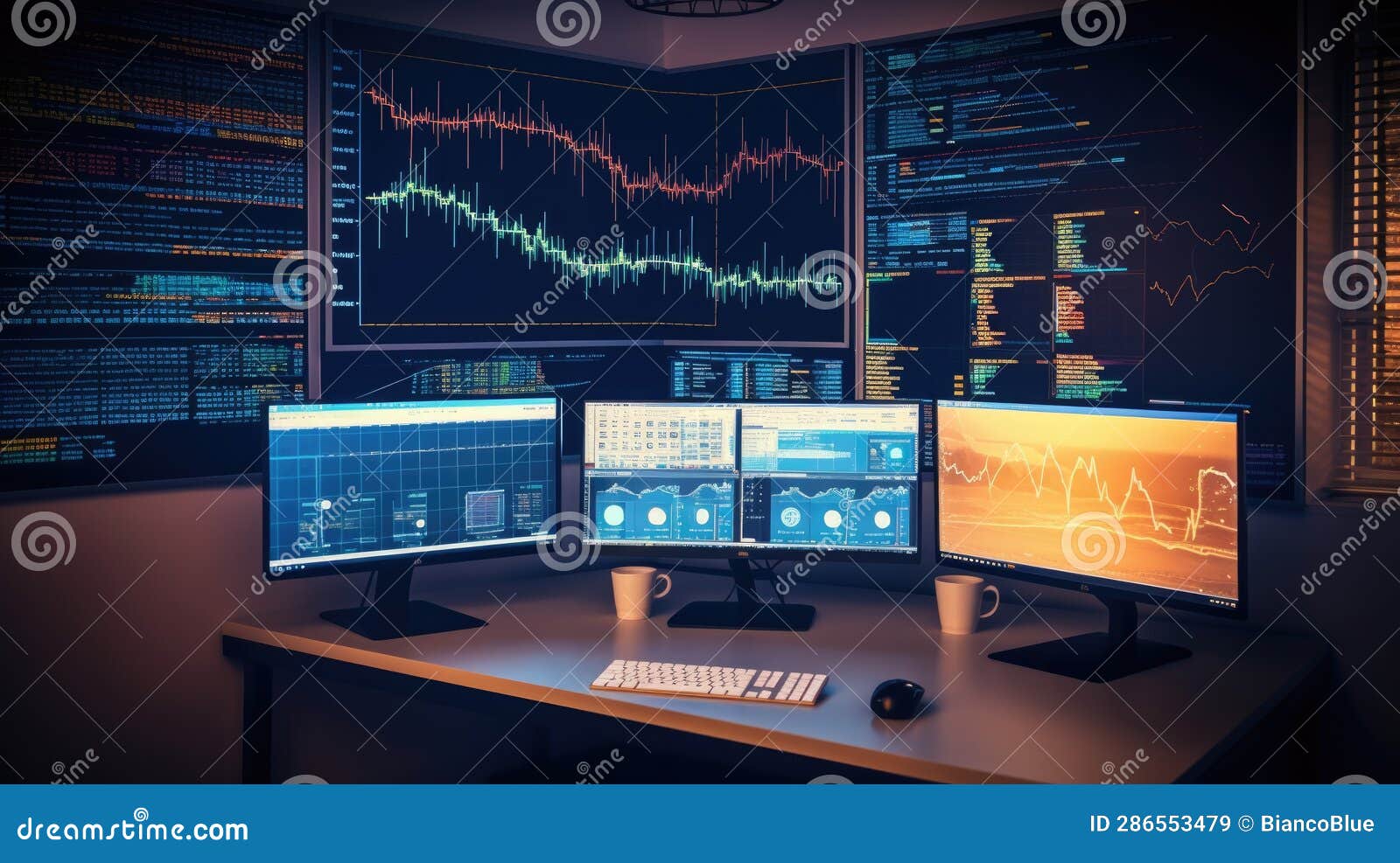 The Side View of a Multi Computer Screen Displaying Multiple Financial ...