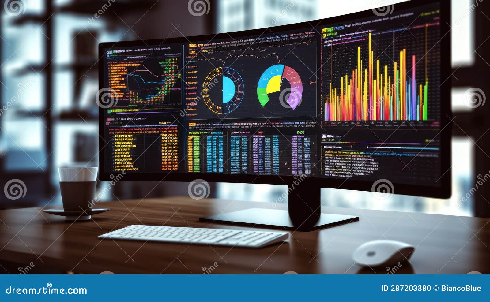 The Side View of a Multi Computer Screen Displaying Multiple Financial ...