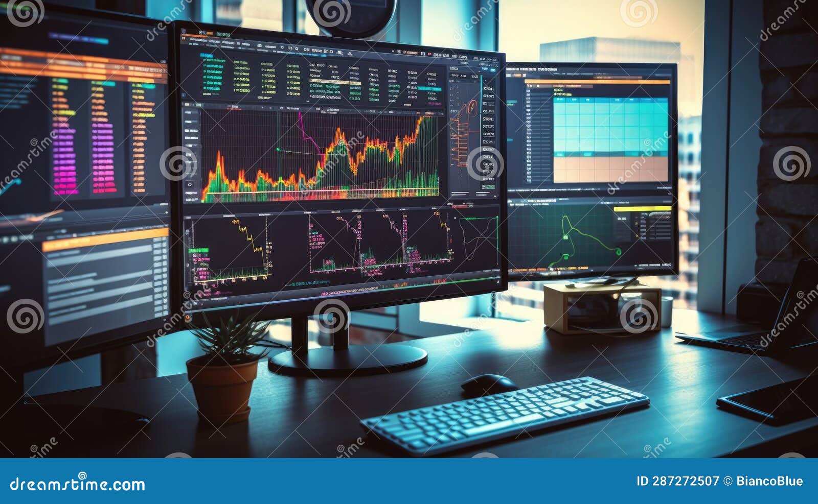 The Side View of a Multi Computer Screen Displaying Multiple Financial ...