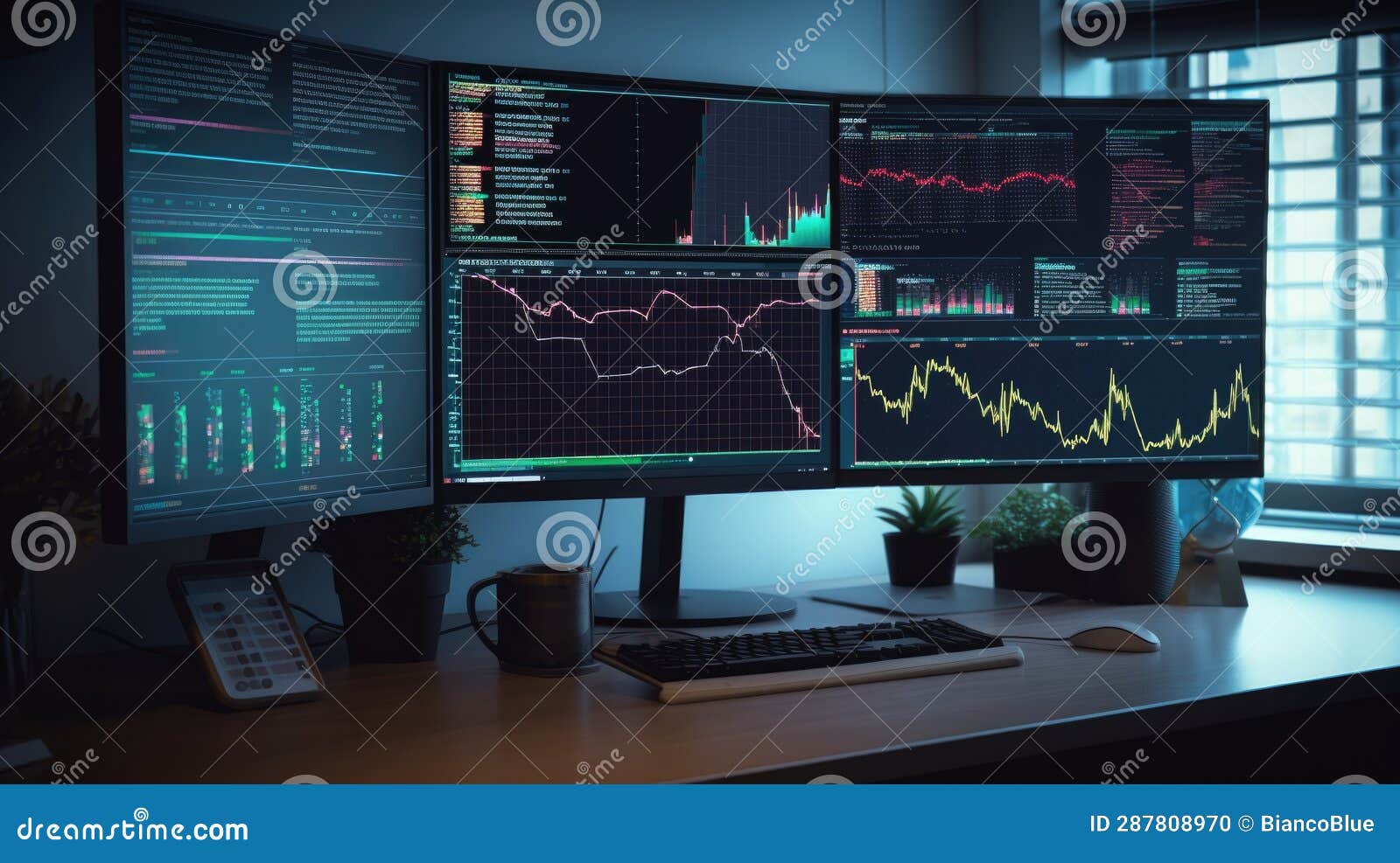 The Side View of a Multi Computer Screen Displaying Multiple Financial ...