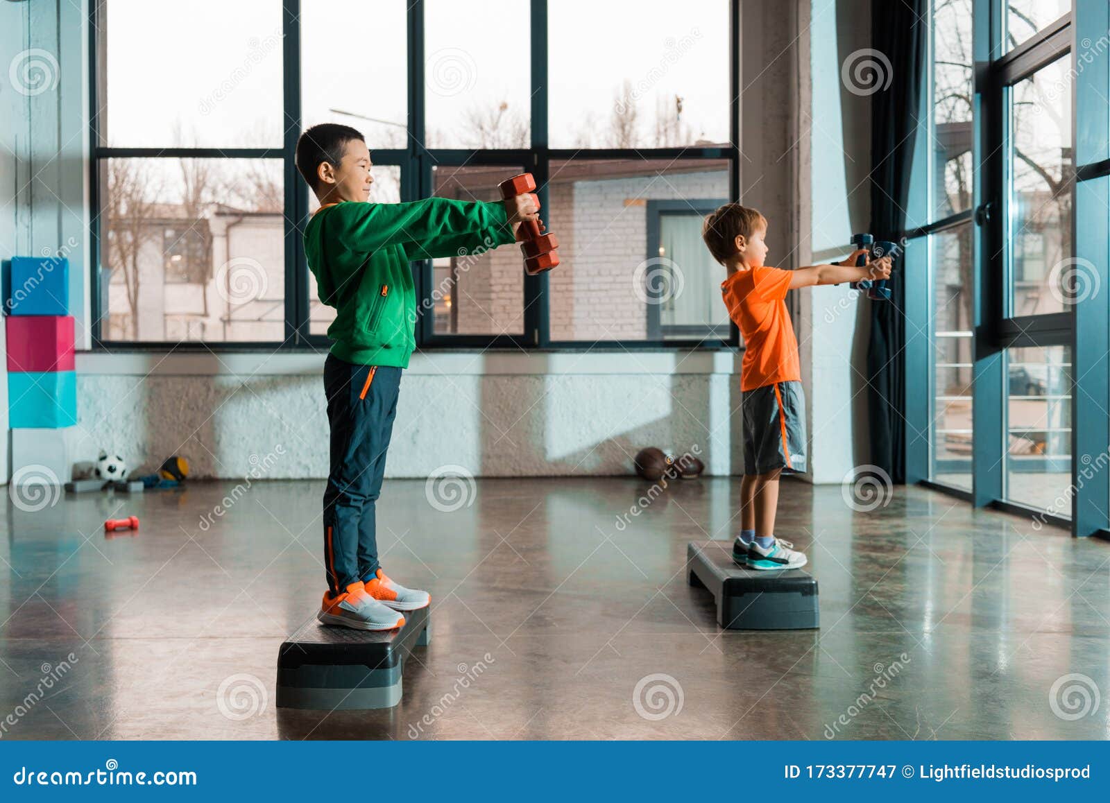 Preteen Kids Training Dumbbells Step Platforms Stock Photos - Free ...