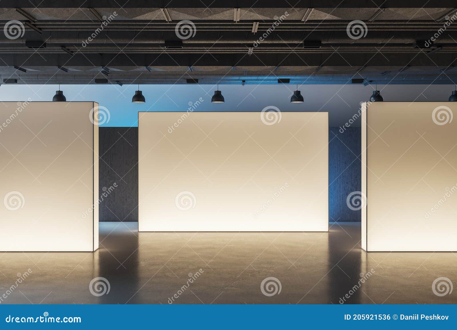 Side View of Museum Interior with Three Illuminated Banners Stock ...