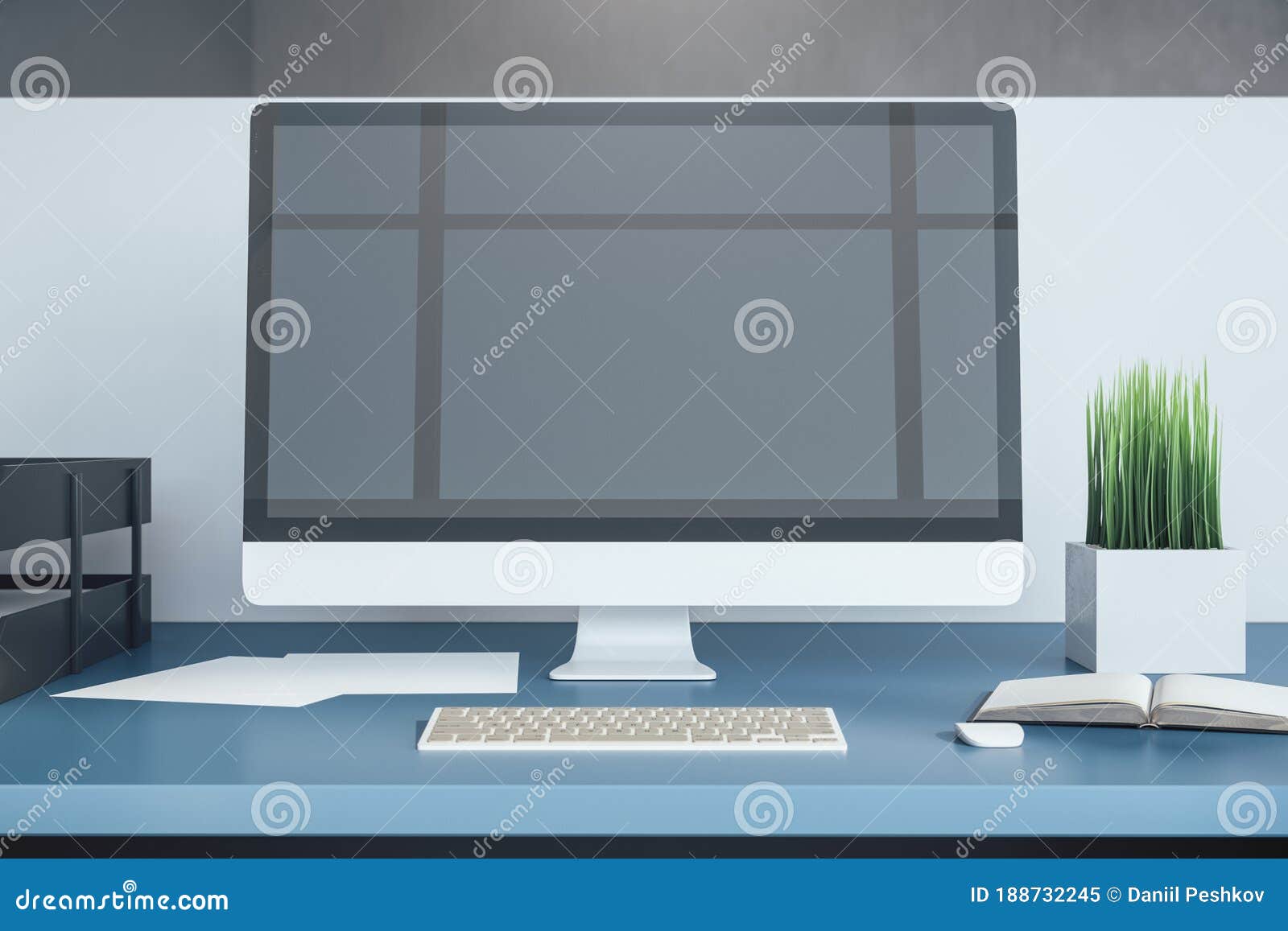 Side View Office Desk and Computer with Blank Black Screen Stock ...