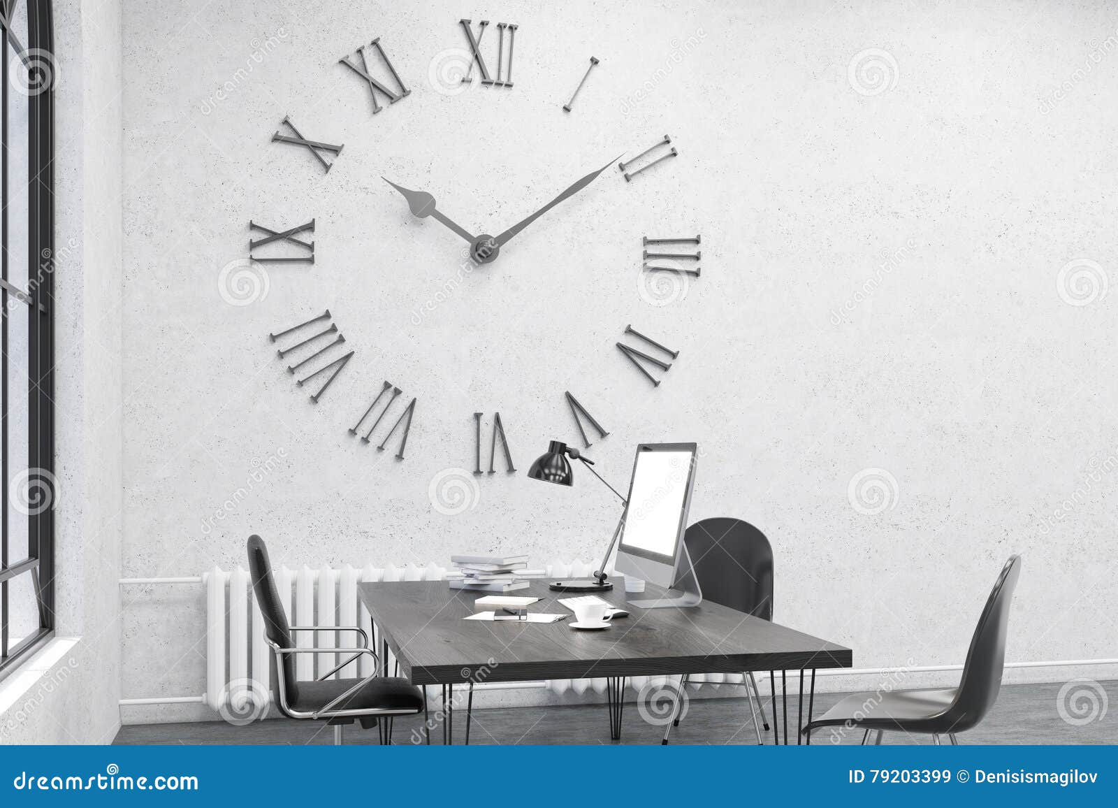 Side View of Office with Large Wall Clock Stock Illustration ...