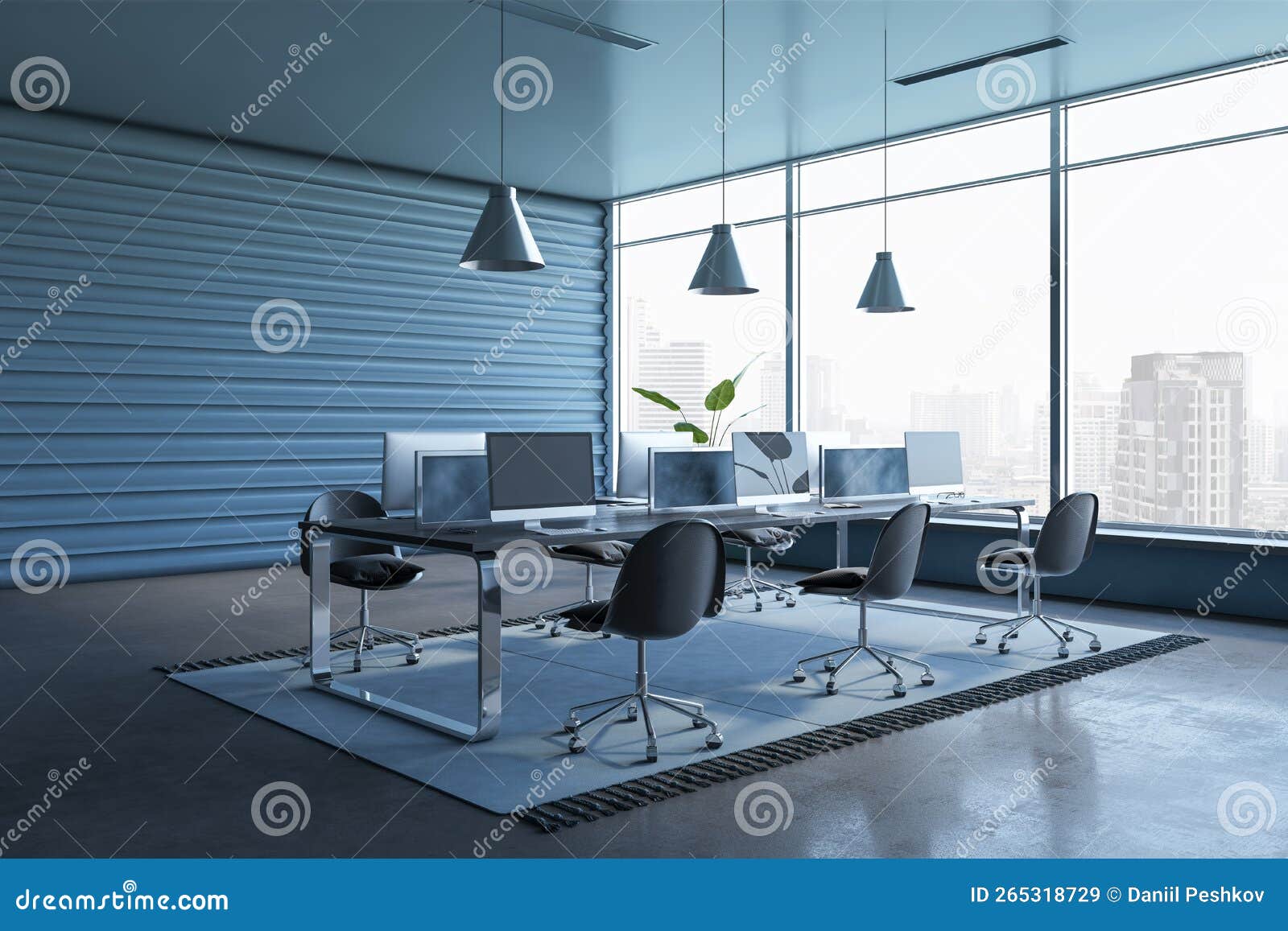 Side View on Office with Modern Computers on Work Table with Dark ...
