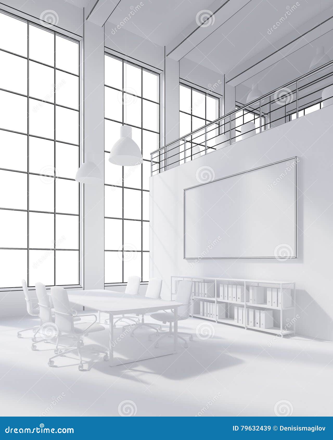 Side View of Office with White Horizontal Poster and Chairs Stock ...