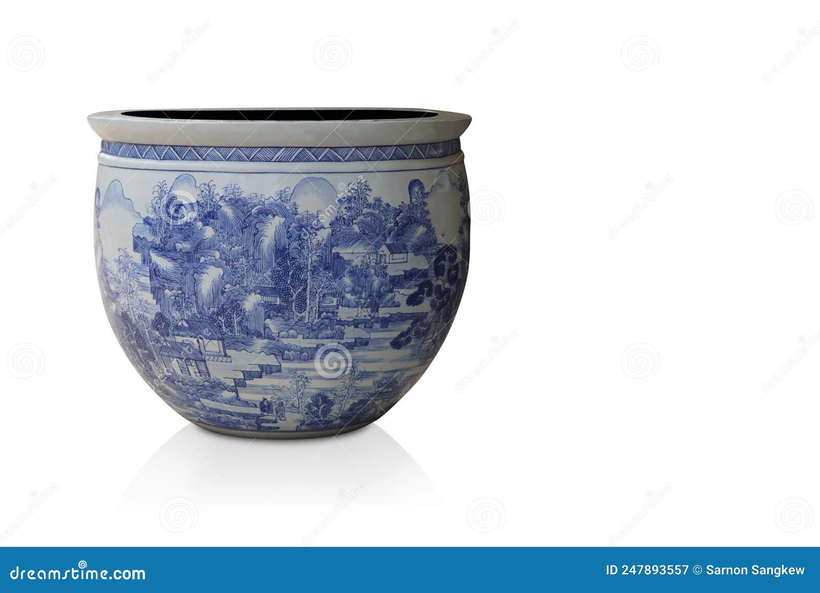 Side View Old and Antique Blue and White Large Ceramic Pot on White ...