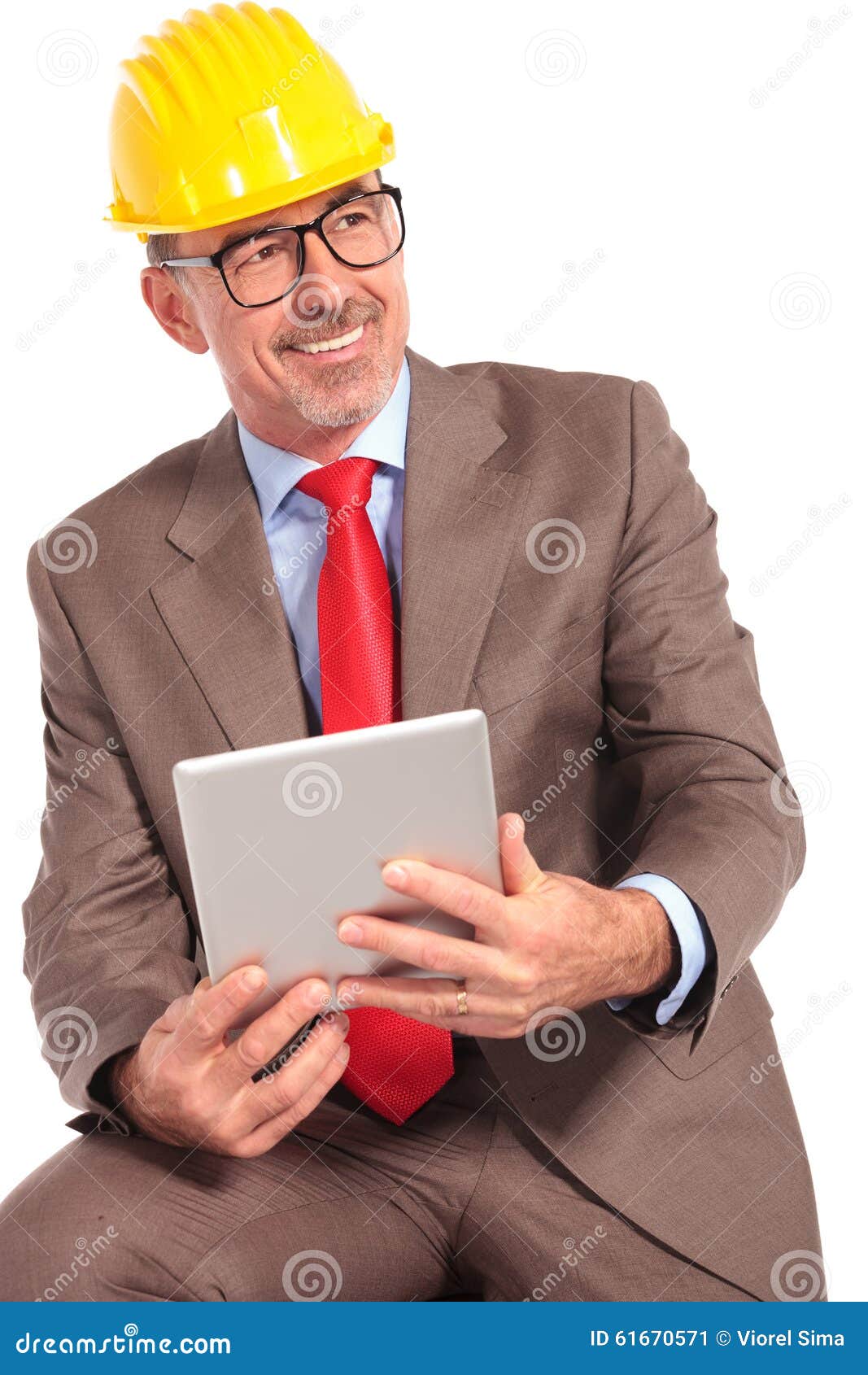 Side View of an Old Construction Engineer with Tablet Pad Stock Image ...