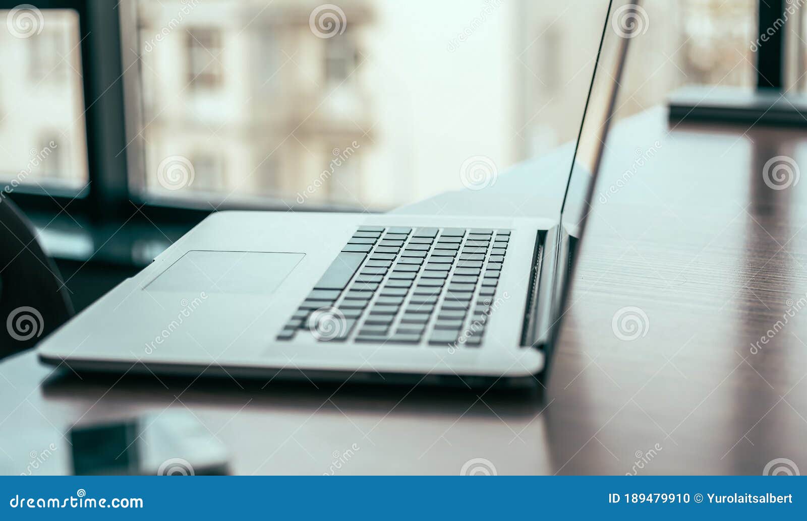 Side View. Open Laptop on the Office Desk Stock Photo - Image of ...