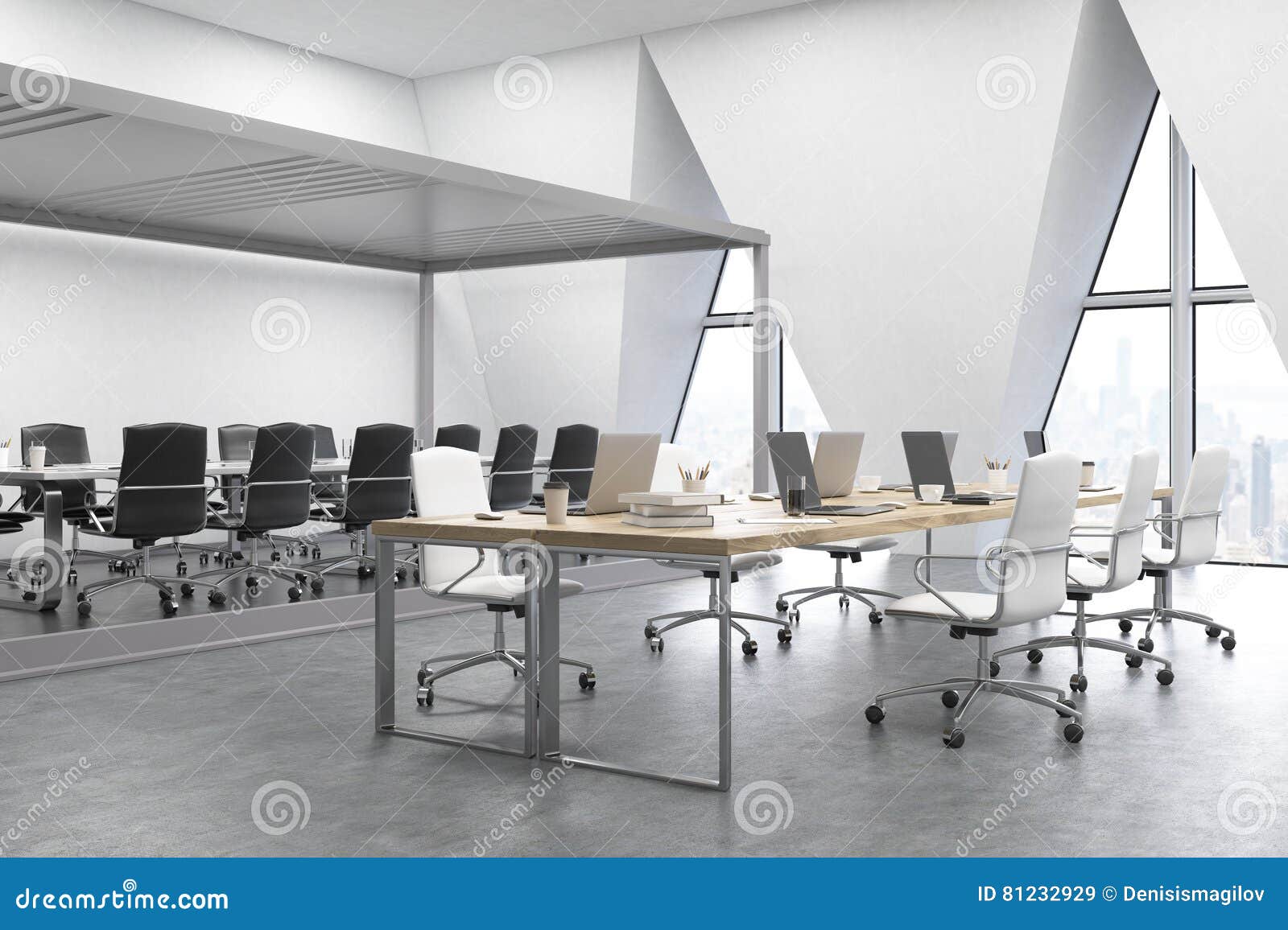 Side View of an Open Office with Triangular Windows Stock Illustration ...