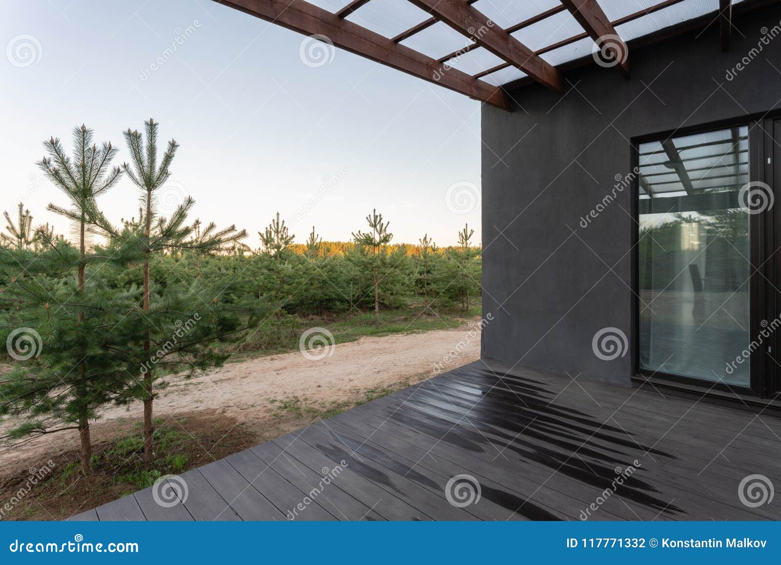 Side View of an Open Veranda in Front of a Modern Forest Cottage. Pine ...
