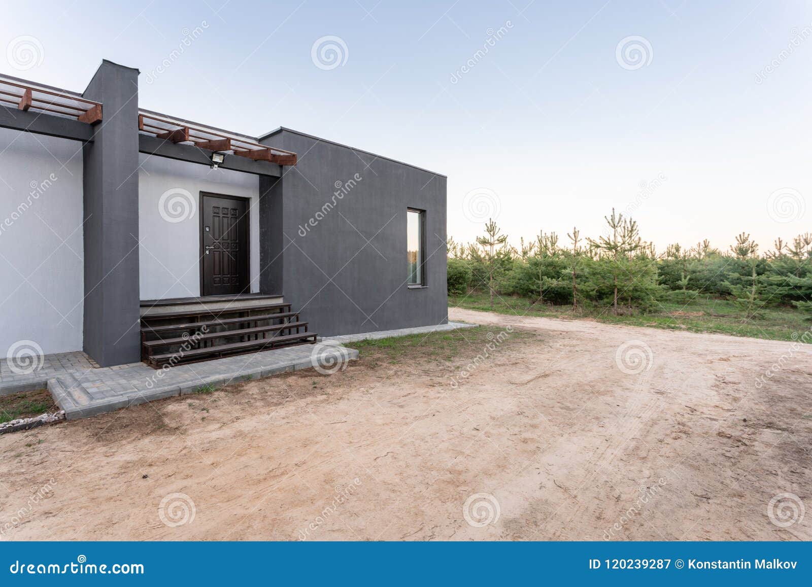 Side View of an Open Veranda in Front of a Modern Forest Cottage. Pine ...