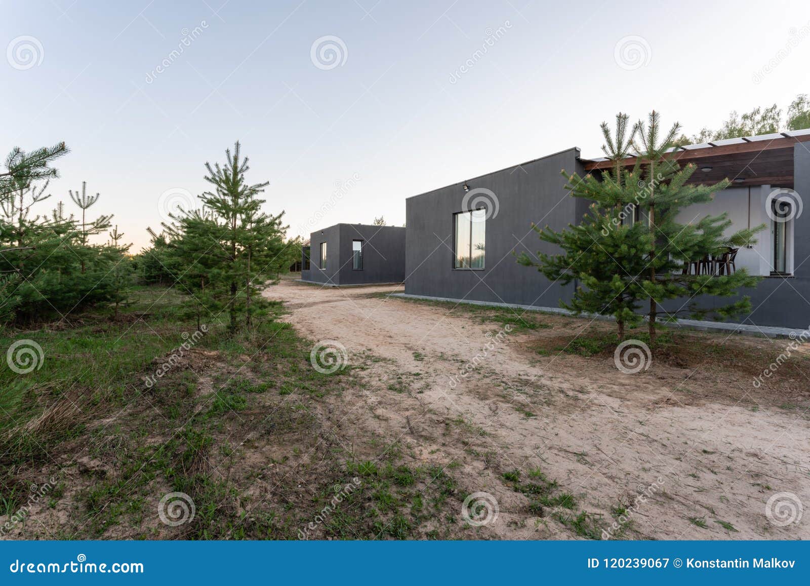 Side View of an Open Veranda in Front of a Modern Forest Cottage. Pine ...