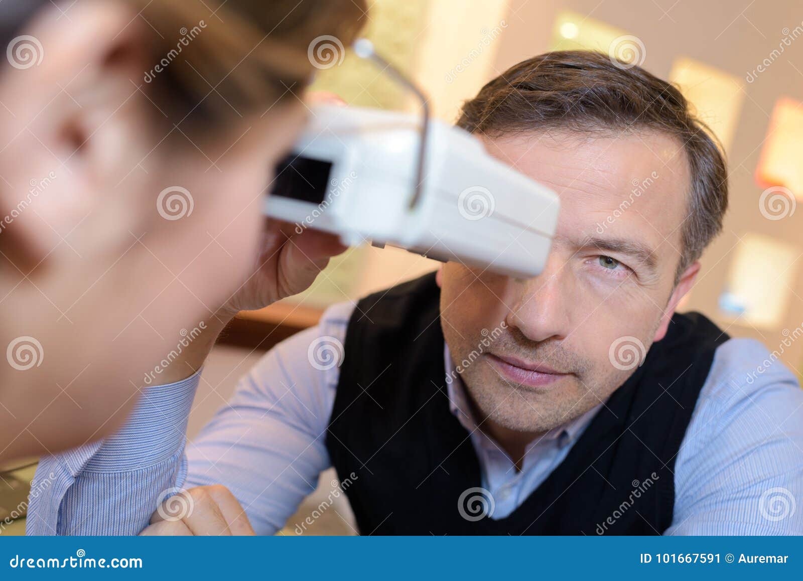 Side View Optician Doing Sight Testing for Client Stock Image - Image ...