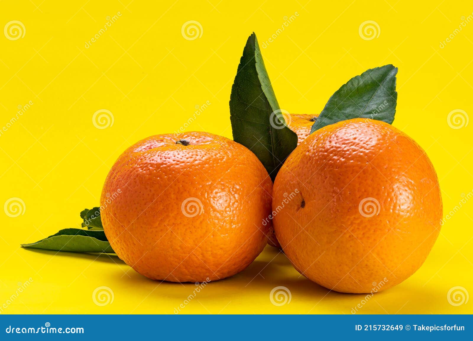 Side View of Oranges with Leaves Isolated on Yellow Background Stock ...