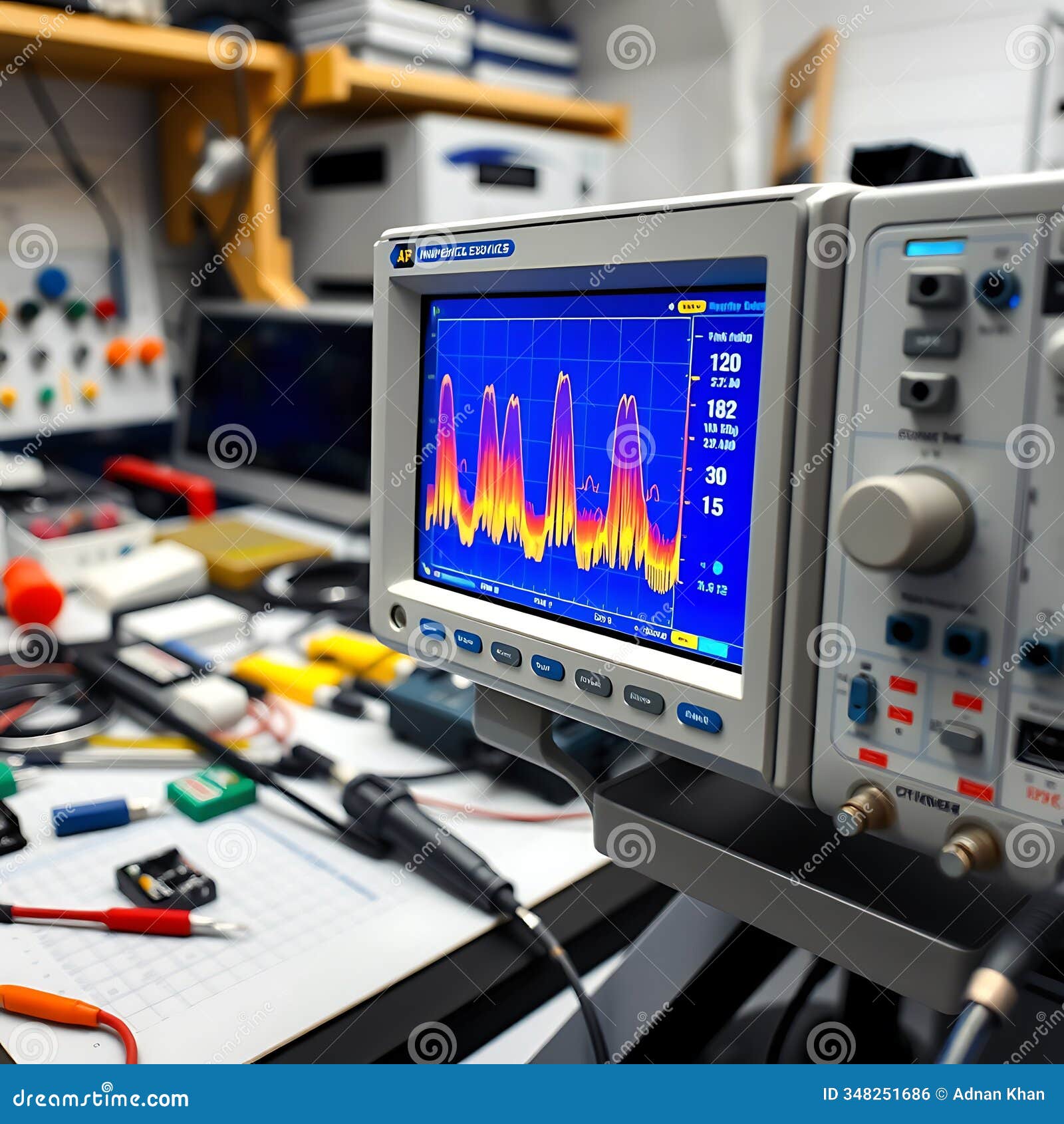 A Side View of an Oscilloscope with a Vivid Screen Waveform in a ...