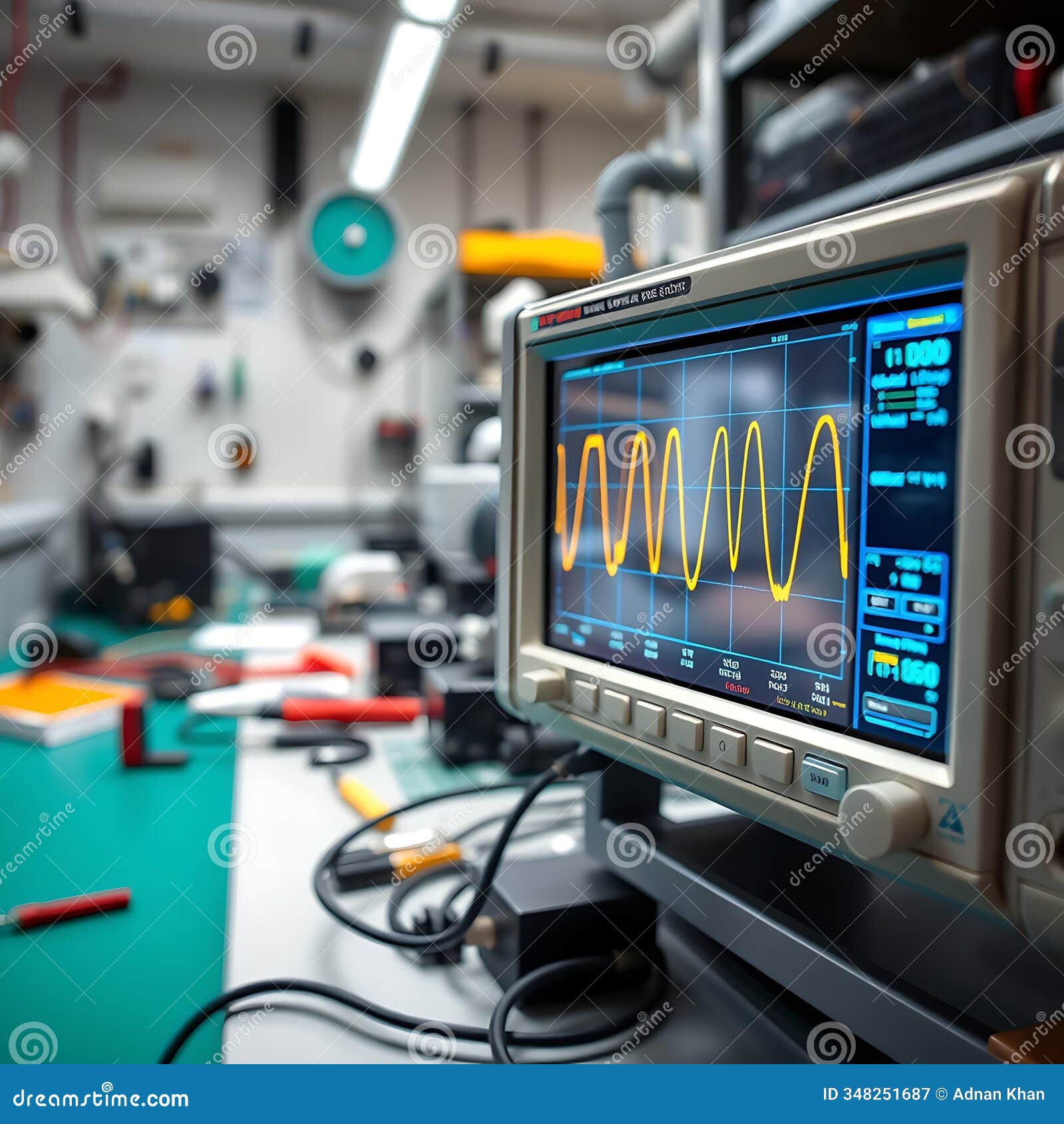 A Side View of an Oscilloscope with a Vivid Screen Waveform in a ...