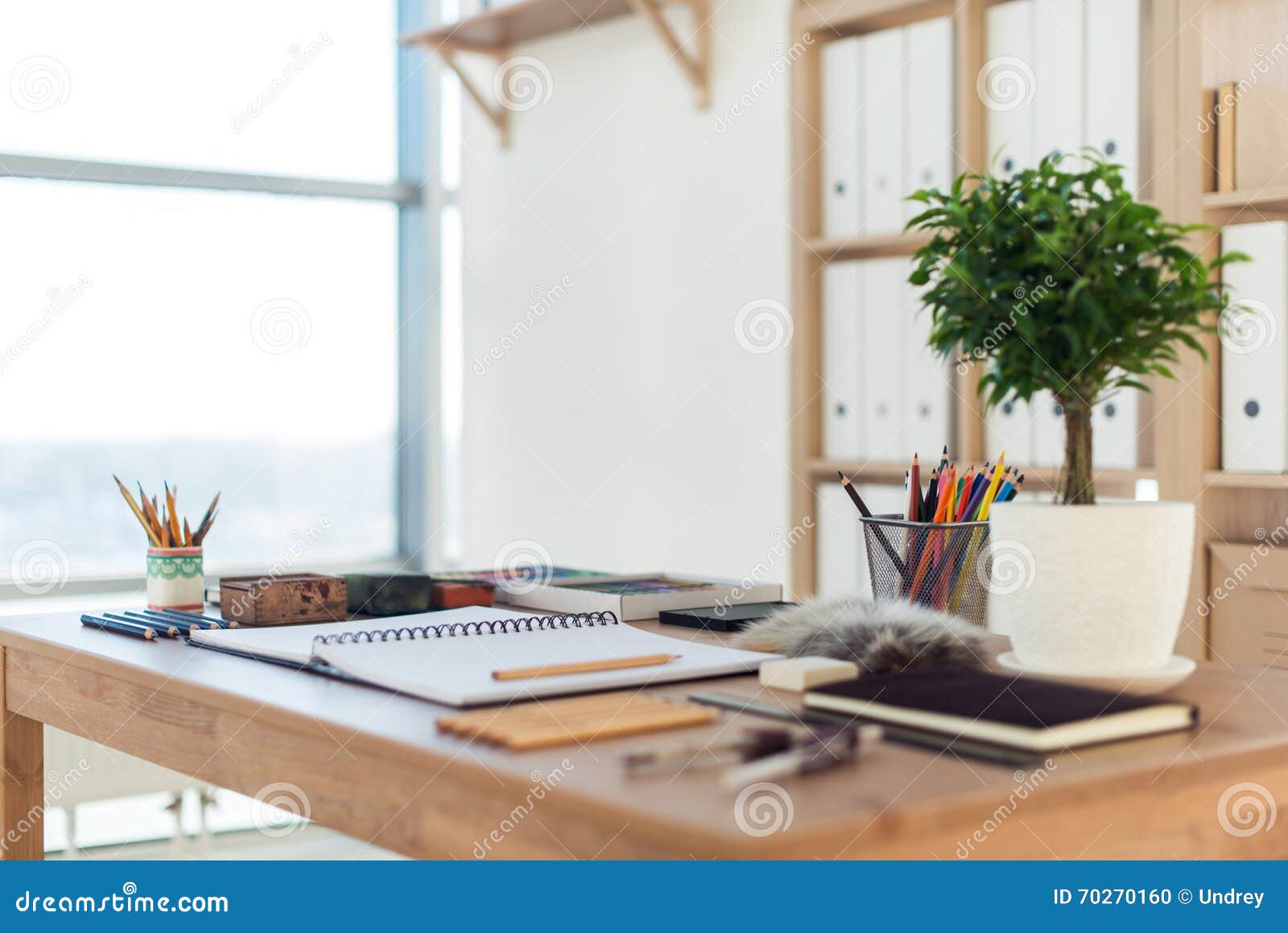 Side View of a Painter Workspace. Wooden Desk with Artistic Tools ...