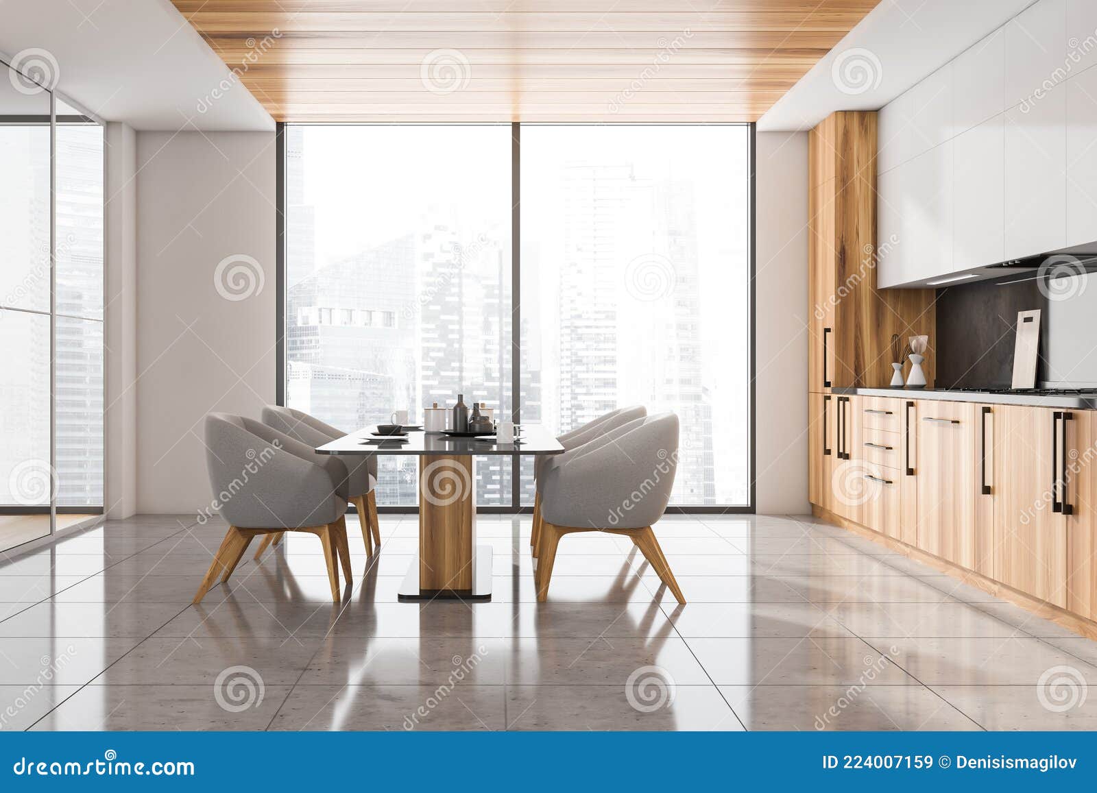 Side View of Panoramic Kitchen with Grey Chairs, Wooden Elements Stock ...
