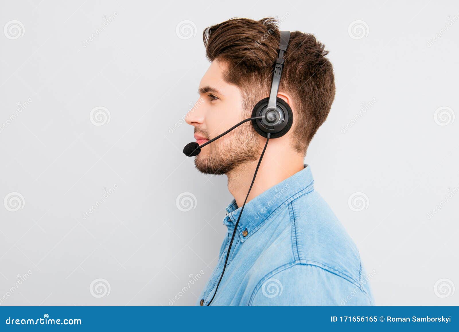 Side View Photo of Young Agent of Call-centre with Headphones Stock ...